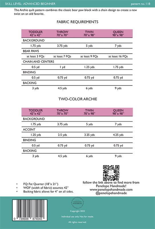 Penelope Handmade - Archie - Paper Pattern – Pearls and Clovers Quilt Shop