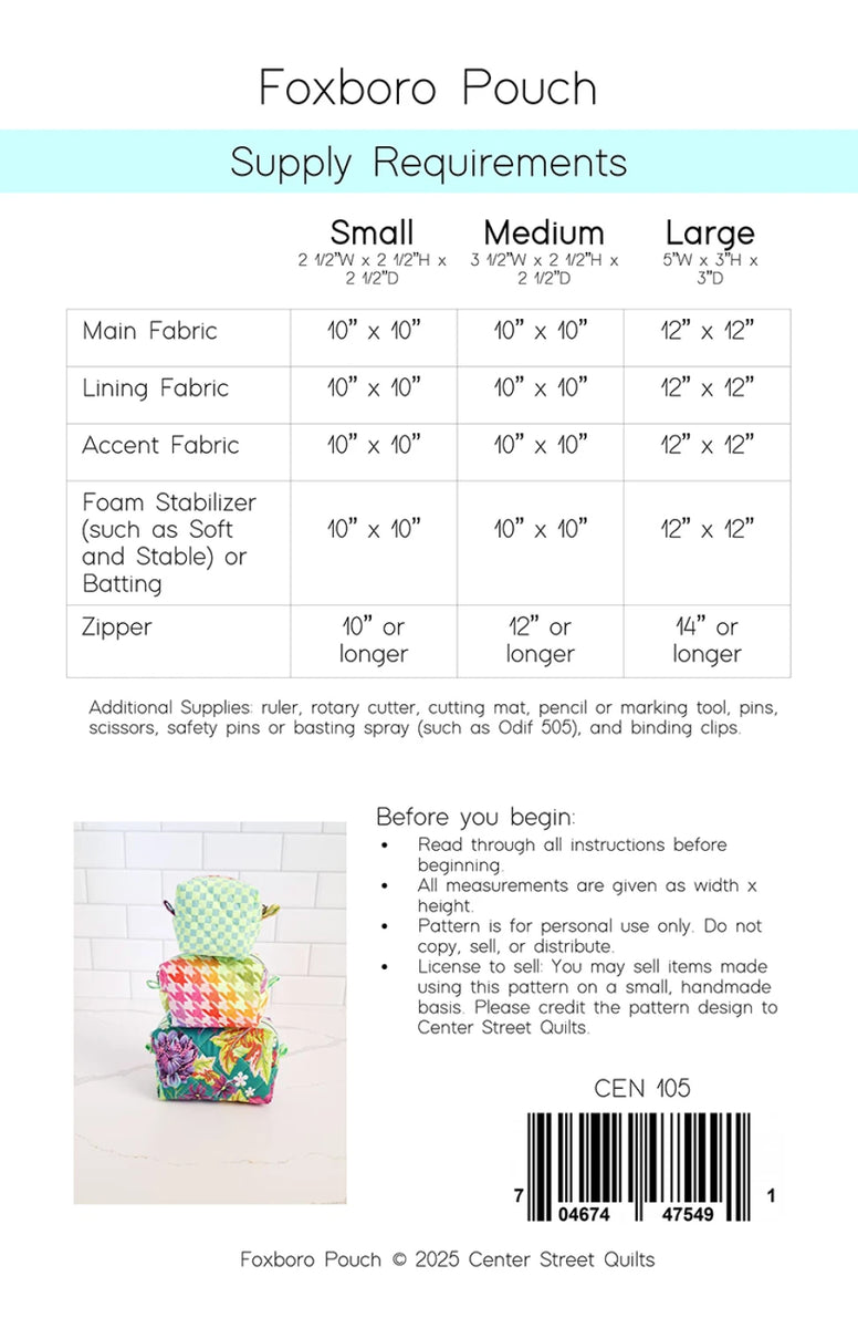 Center Street Quilts - Foxboro Pouch - Paper Pattern – Pearls and ...